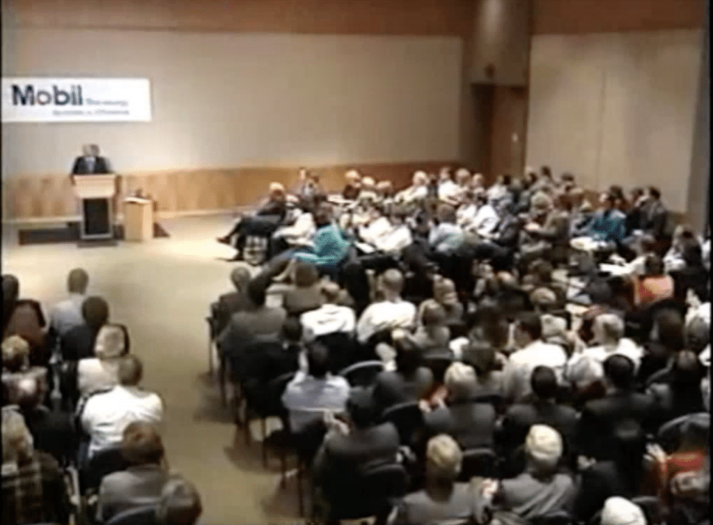1998 Mobil CEO Lou Noto remarks on "two sided attitude toward climate"